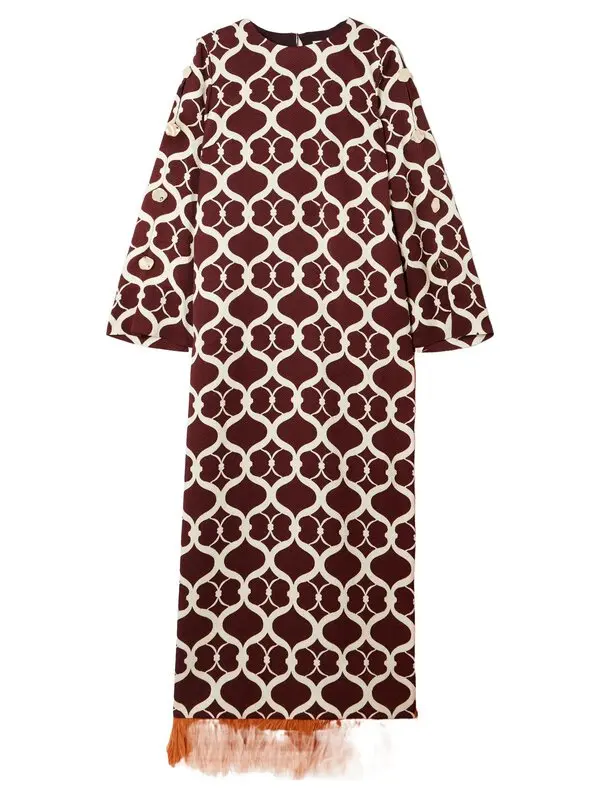 Borgo De Nor Brunetta Feather-trimmed Geometric Print Maxi Dress - Brown
