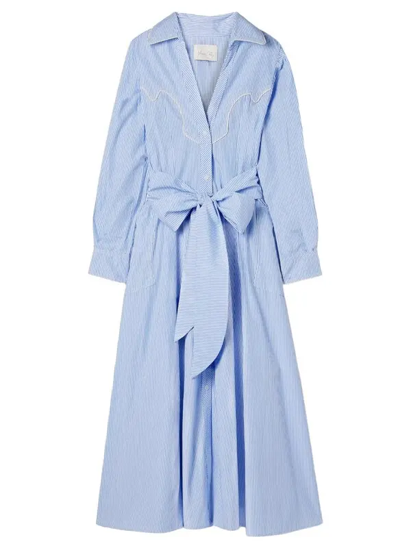 Johanna Ortiz Striped Poplin Midi Shirt Dress With Embroidery And Belt - Blue