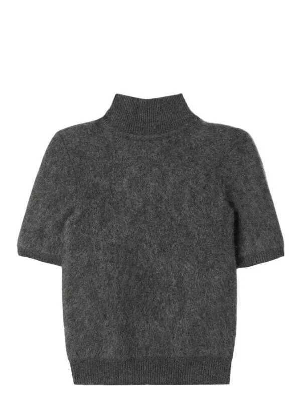 Adam Lippes Fuzzy Knit Mock Neck Short Sleeve Top - Black