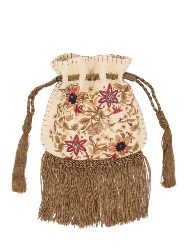 Valentino Garavani Embroidered Drawstring Clutch With Tassels - Brown