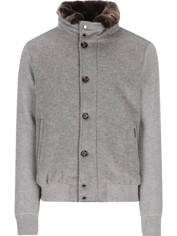 MOORER Long Sleeved Button-up Jacket With Fur Trim - Gray