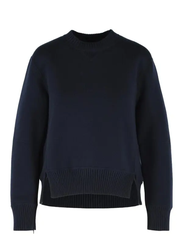 Sacai Ribbed Crew Neck Knit Top With Side Slits - Navy