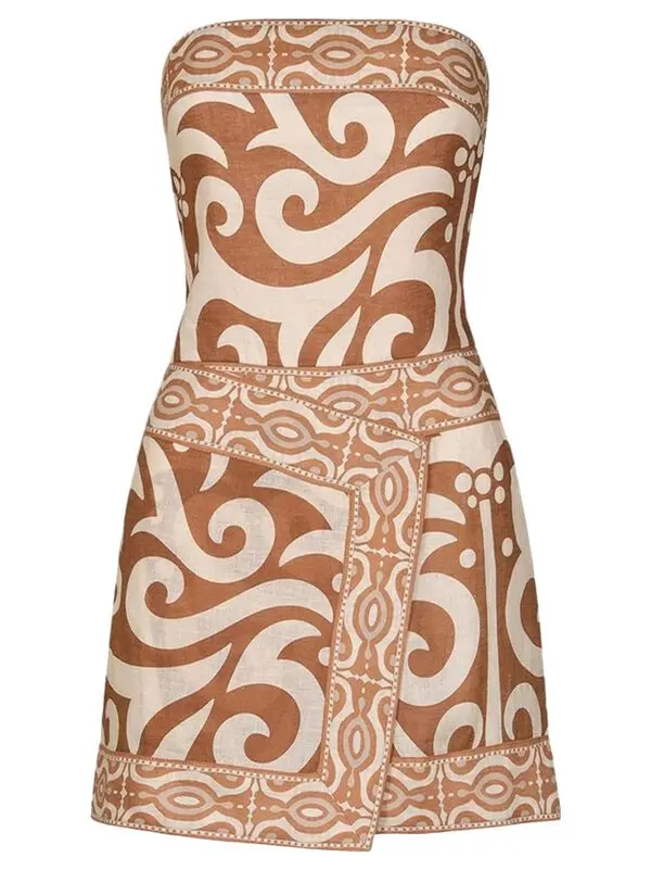 Johanna Ortiz Strapless Printed Linen Mini Dress - Nude