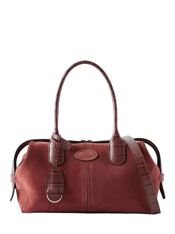 TOD'S Bauletto Croc-effect Leather-trimmed Suede Mini Bag - Red