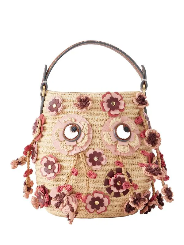 ANYA HINDMARCH Blossom Creature Embellished Raffia Mini Bag - Sand