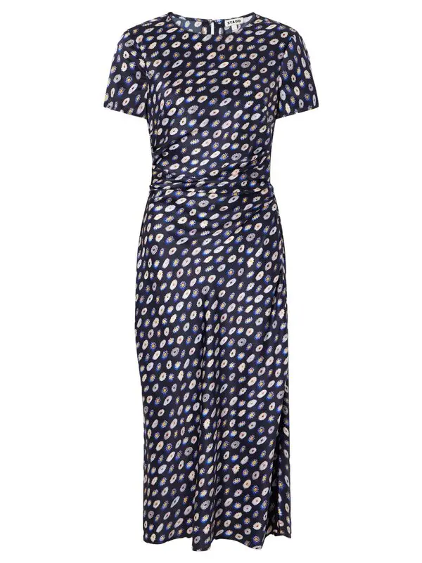 Staud Marcel Printed Ruched Silk-blend Satin Midi Dress - Blue