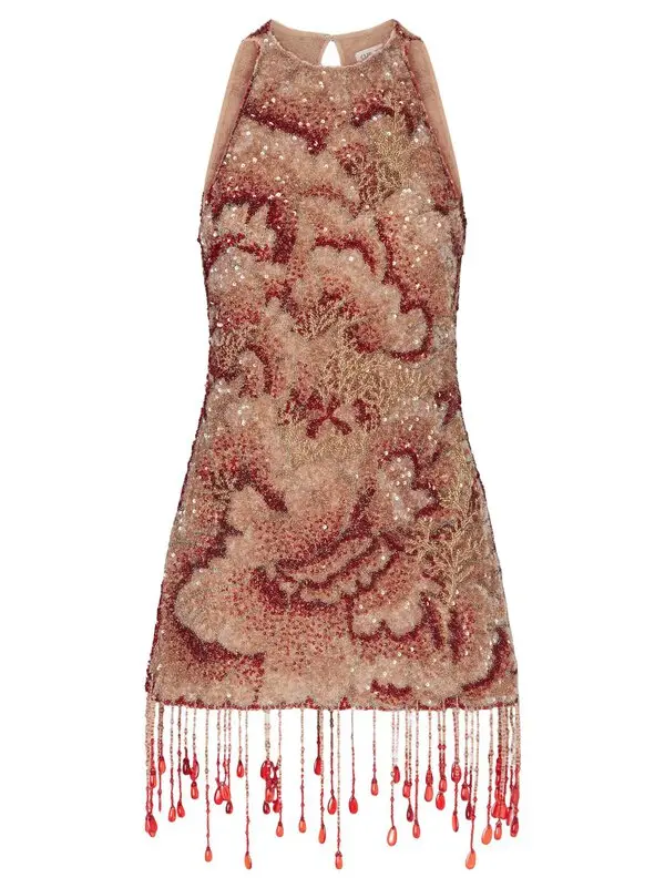 CLIO PEPPIATT Beaded Sequin-embellished Mini Dress With Fringe - Red