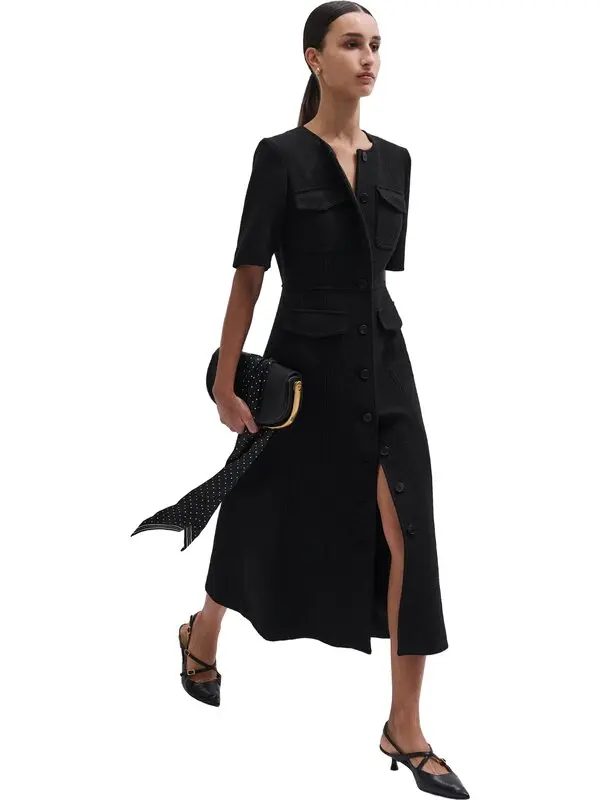 ME+EM Button Front Maxi Tweed Dress - Black