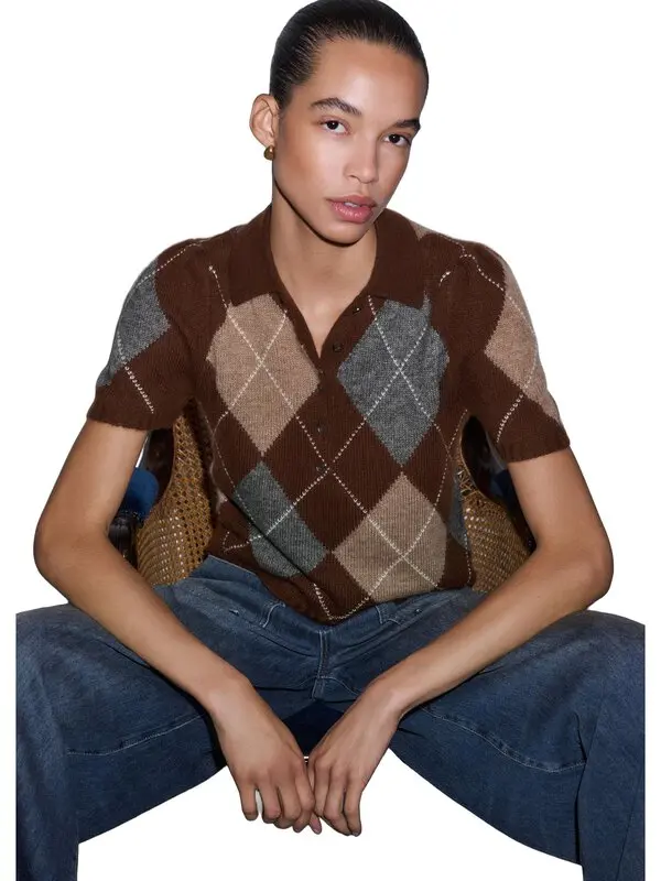 ME+EM Merino Cashmere Silk Argyle Puff Sleeve Knit Polo - Pecan Brown Multi