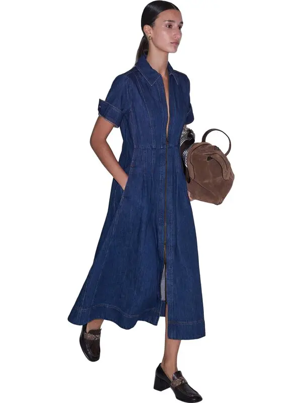 ME+EM Denim Fit And Flare Midi Dress - Washed Blue