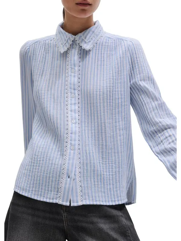 ME+EM Cheesecloth Stripe Long Sleeve Blouse Blue-soft White - Blue/soft White