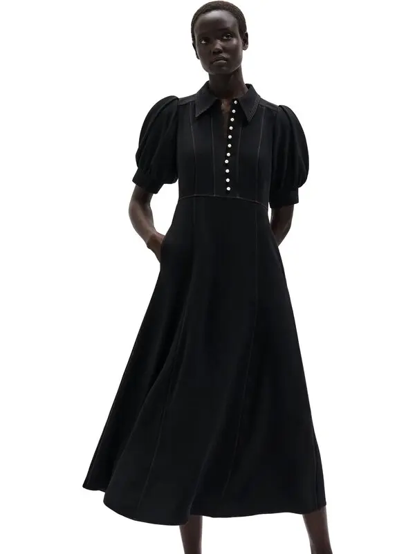 ME+EM Contrast Stitch Fit And Flare Midi Shirt Dress - Black
