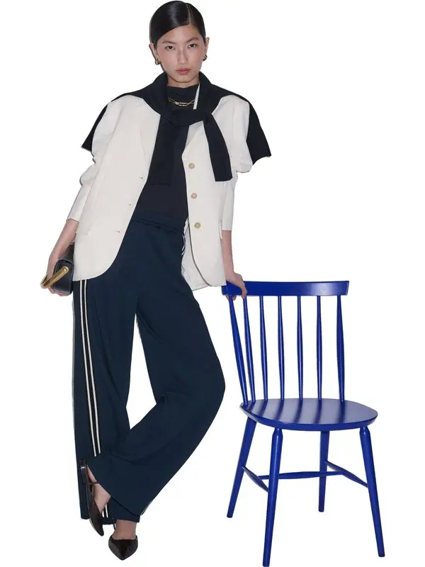 ME+EM Side Stripe Barrel Trousers - Navy/cream