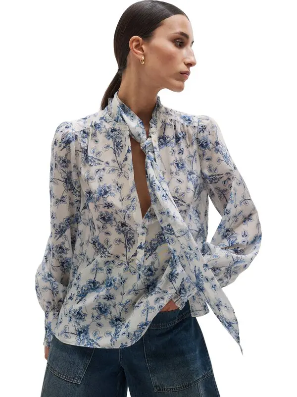 ME+EM Floral Print Silk Cotton Blend Blouse - Blue Multi