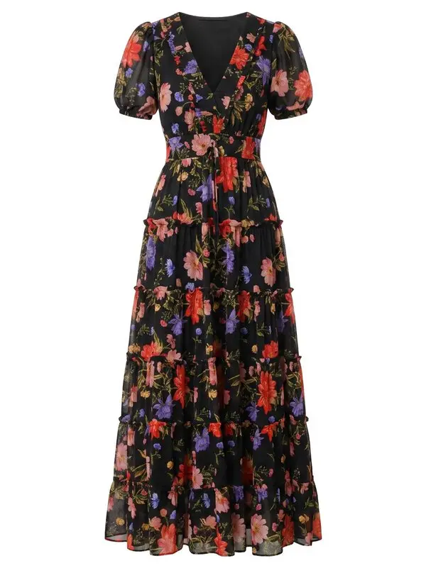 Yumi Kim Farrah Floral Print Maxi Dress With Puffy Sleeves And Ruffled Tiers - Black