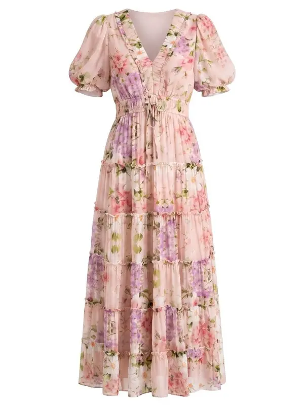 Yumi Kim Farrah Floral Print V-neck Maxi Dress With Puff Sleeves - Pink