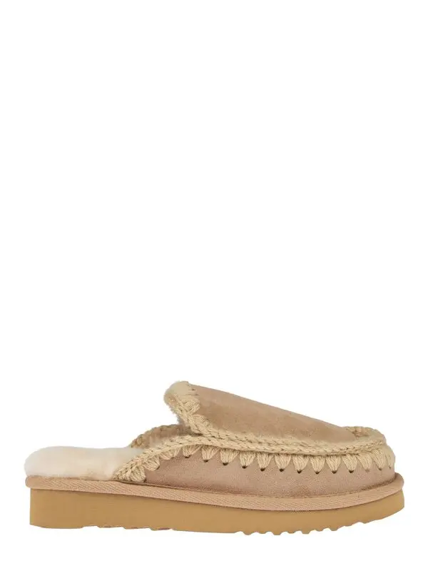 Mou Thick-soled Muller Slippers With Crocheted Stitching - Camel