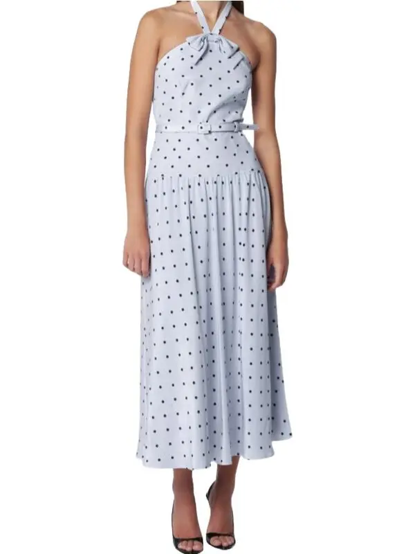 Alessandra Rich Polka Dot Halterneck Midi Dress - Light Blue/blue