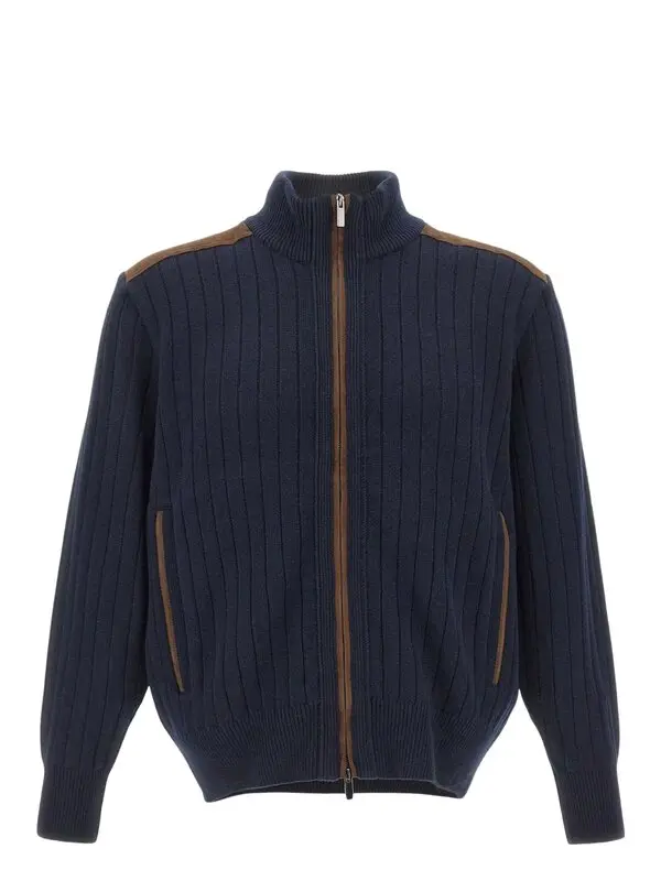 Paul & Shark Ribbed Zip-up Cardigan With Stand Collar - Blue