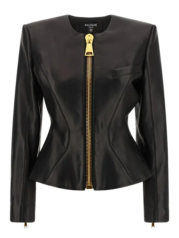 Balmain Peplum Zip-detail Leather Jacket - Black