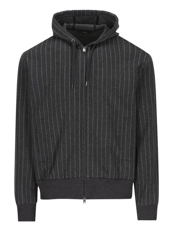 Herno Pinstripe Zip-up Hooded Jacket - Black