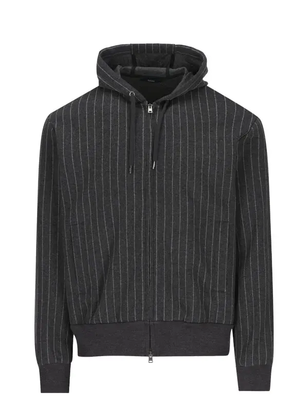 Herno Pinstripe Drawstring Hooded Zip Jacket - No