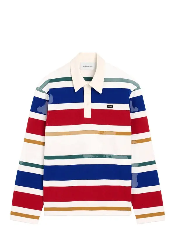 AMI Paris Patch Striped Polo Shirt - White/blue/red