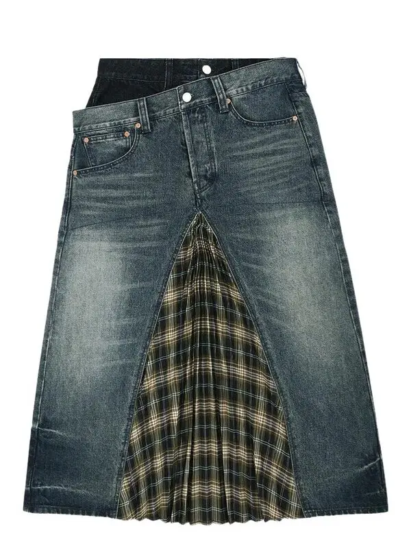 Andersson Bell Pleated Patchwork Denim Midi Skirt - Blue