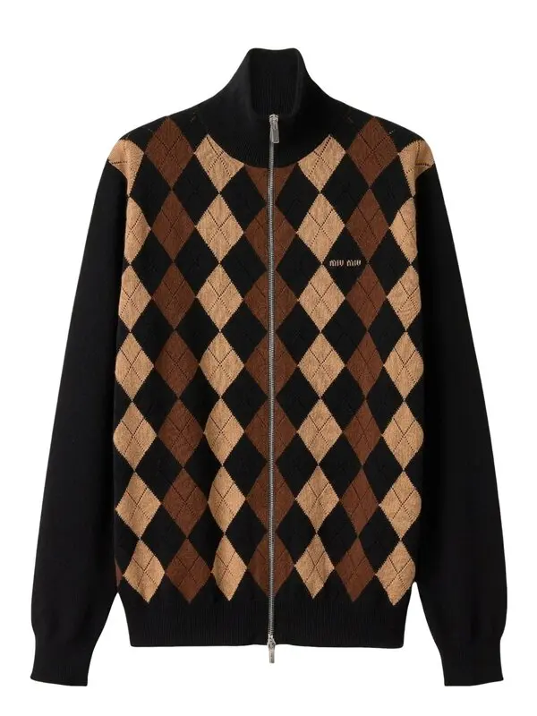 Miu Miu Argyle Zip Up Cardigan - Black