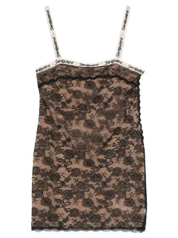 Saint Laurent Floral Lace Overlay Mini Dress - Black