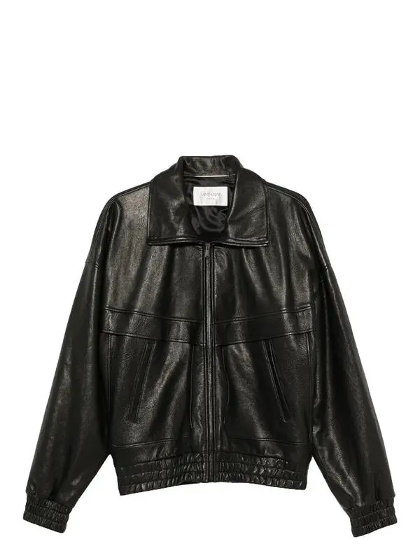 Saint Laurent Leather High Neck Zip Up Jacket - Black