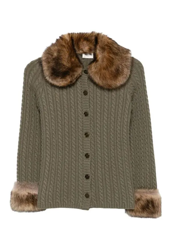 Saint Laurent Cashmere Cable Knit Cardigan With Fur Trim - Green