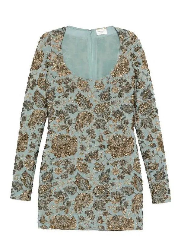 Saint Laurent Floral Brocade Long Sleeve Dress - Blue