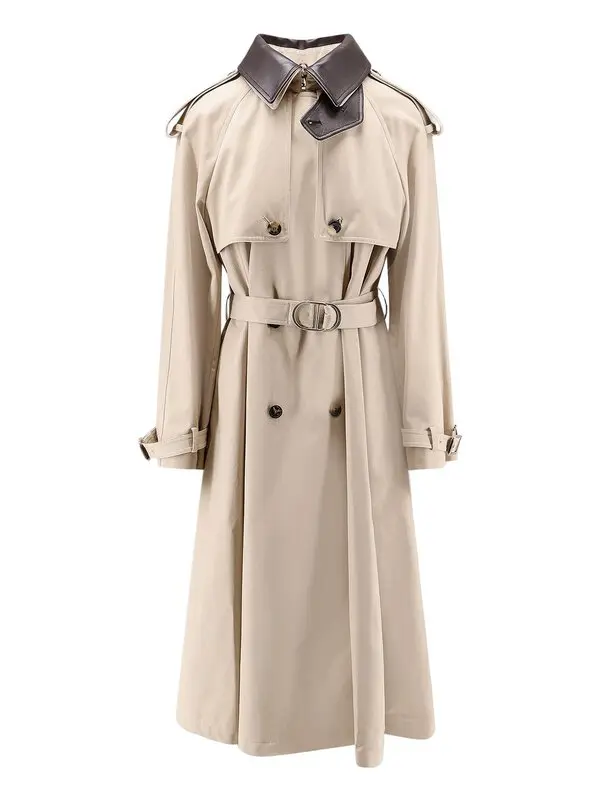 Dior Beige Cotton And Silk Blend Trench Coat With Leather Collar - Cream
