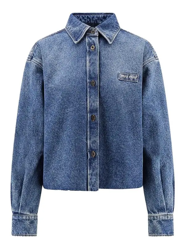 Miu Miu Denim Shirt With Logo Patch - Multicolor