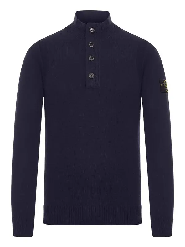 Stone Island Lambswool Sweater With Mock Neck And Button Detail - Blue