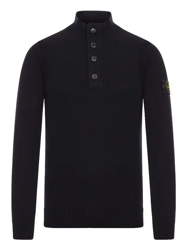 Stone Island Regular Fit Sweater With Short Zip And Button Detailing - Black