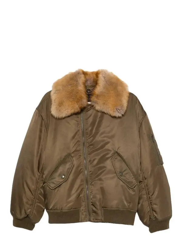 Saint Laurent Padded Bomber Jacket With Lamb Fur Collar - Green