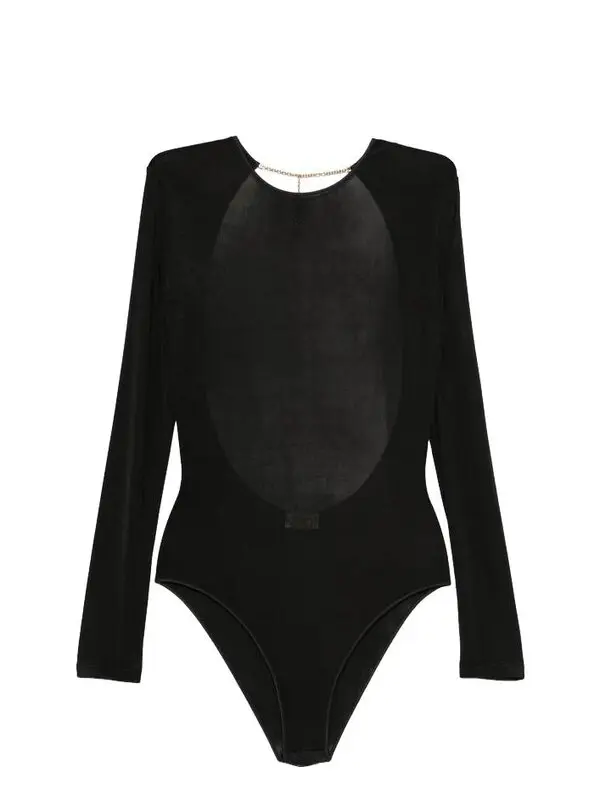 Saint Laurent Long Sleeve Open Back Bodysuit With Logo Pendant - Black