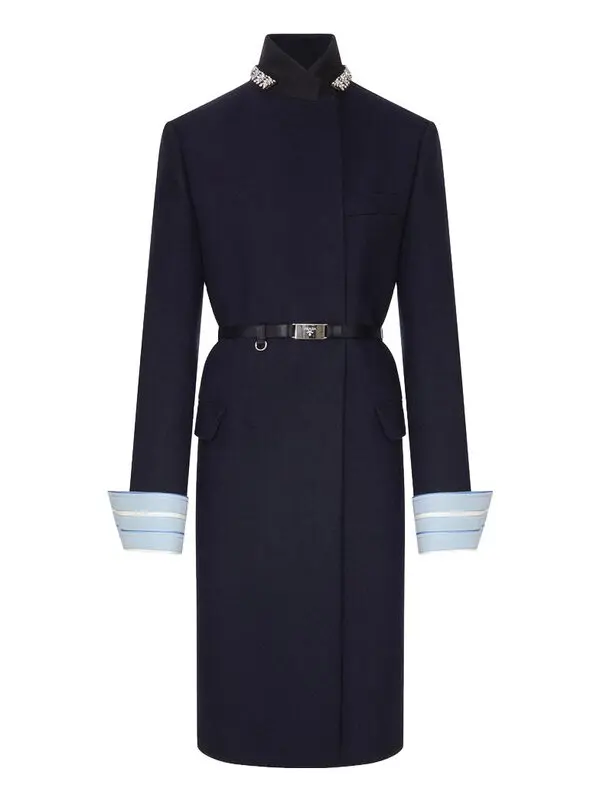 Prada Long Wool Coat With Jewel Collar - Blue
