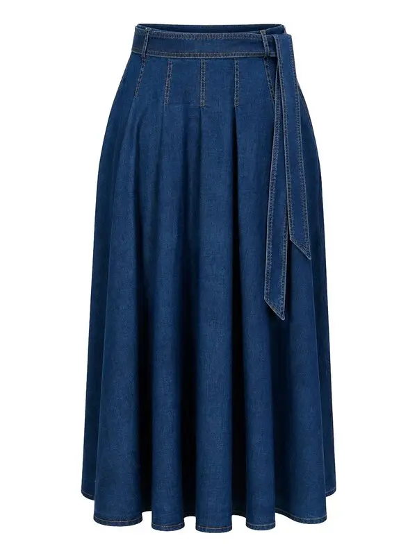 EXQUISE Pleated Midi Skirt With Belt - Blue