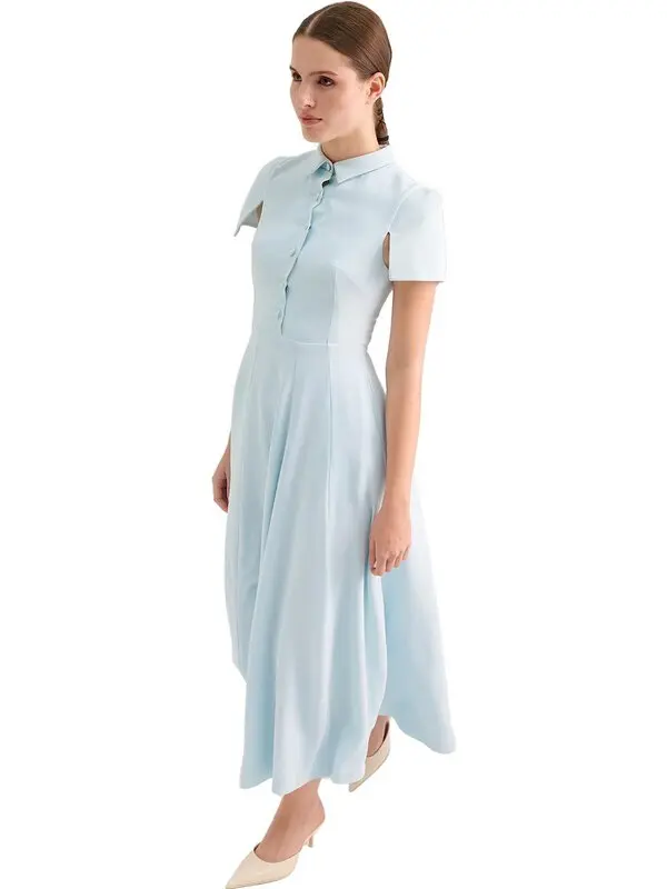 AVENUE 8 Structured Sleeve Button-front Fitted Midi Flared Dress - Blue