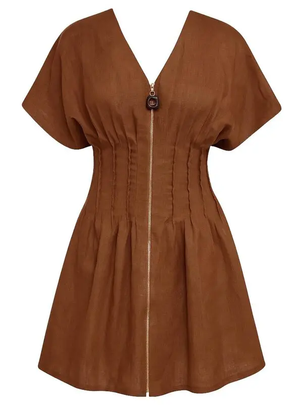 EXQUISE Short Sleeve Linen Zip-up Mini Dress - Brown