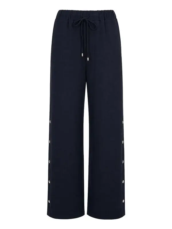 EXQUISE Navy Blue Wide Leg Pants With Metallic Button Detail - Black