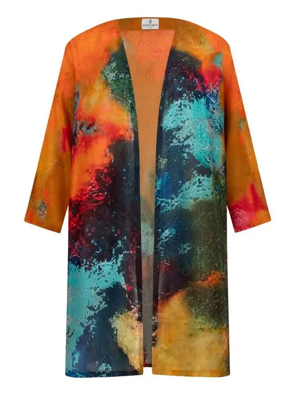 DHARA SHETH, DUBAI Abstract Printed Kimono Cover-up - Orange/blue