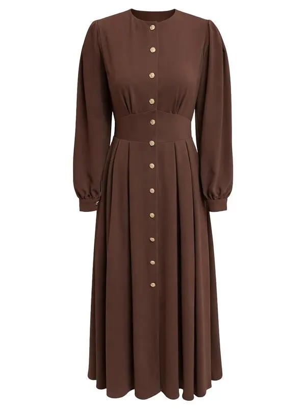 EXQUISE Button Detailed Crewneck Midi Dress - Brown