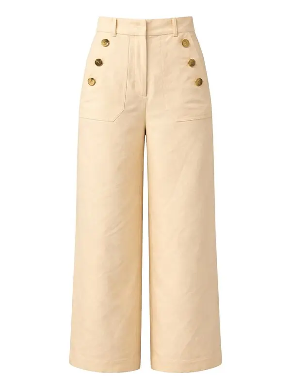 EXQUISE Petra Wide Leg Pants With Gold-tone Button Accents - White