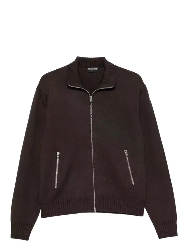 TOM FORD Leather-patch Zip-up Cardigan - Brown