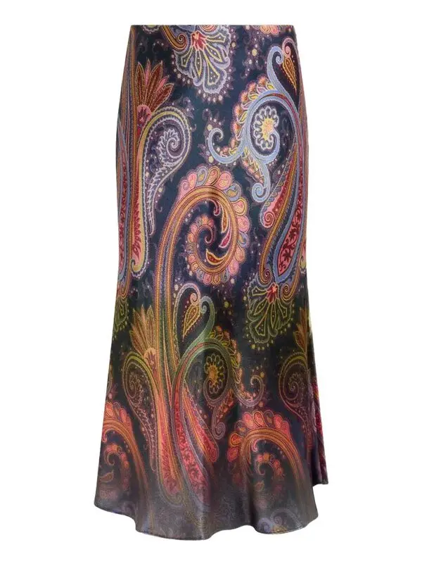 Etro Envers Satin Midi Skirt With Placed Degradé Paisley Print - Blue