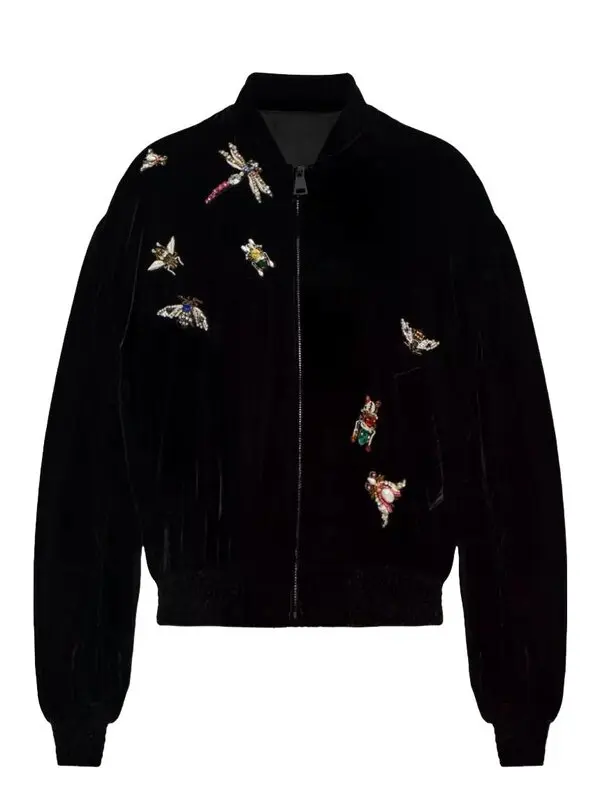 Balmain Velvet Bomber Jacket With Insect Appliqués - Black